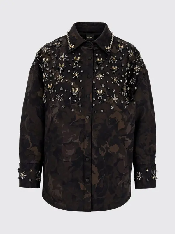 Pinko Floral Embroidered Cropped Shirt Jacket With Rhinestones