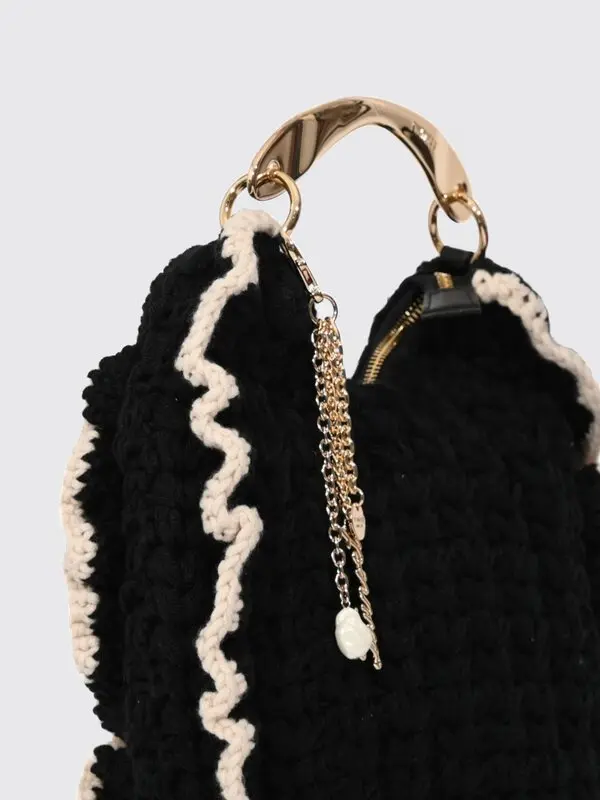 TWINSET Croissant Crochet Handbag With Metallic Handle And Charm - Black