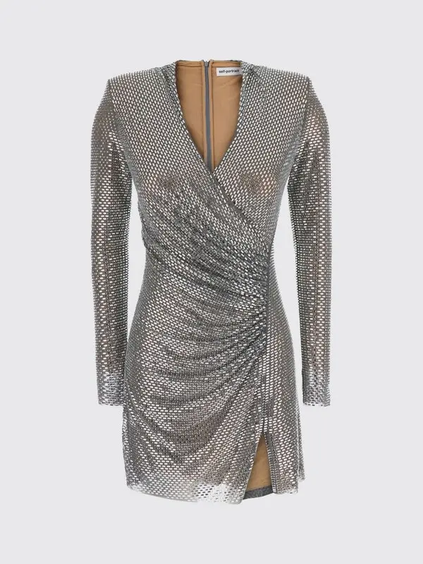 SELF-PORTRAIT Draped Rhinestone-embellished Polyester Mini Evening Dress - Grey