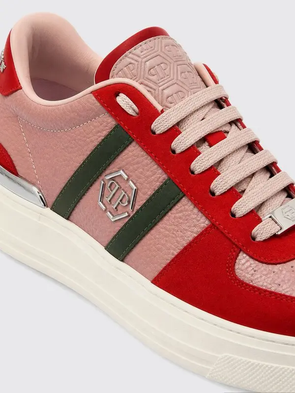 Philipp Plein Low-top Leather Trainers With Hexagon Logo And Round Toe - Pink