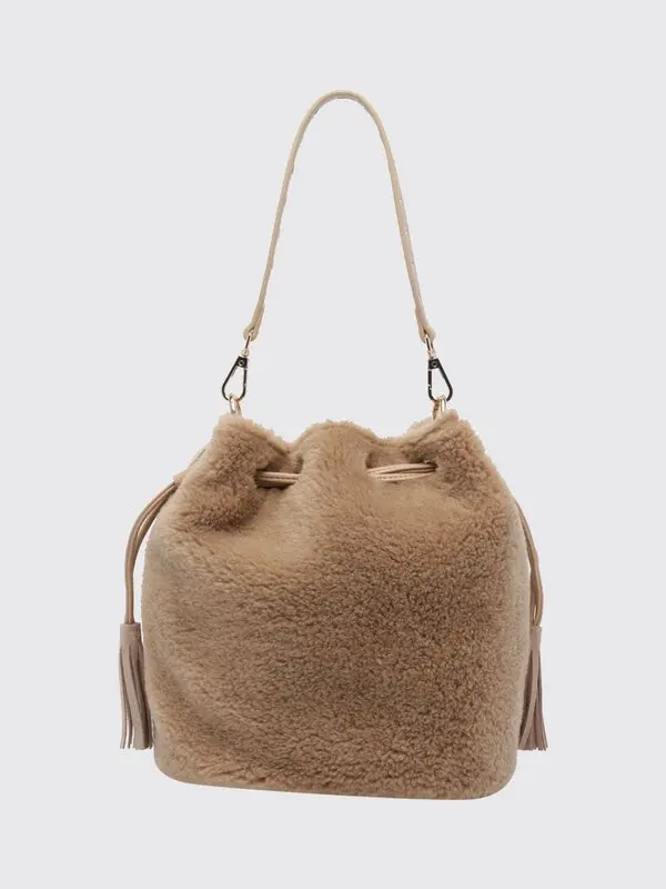 LA CARRIE Faux Fur Shoulder Bag With Drawstring Closure - Beige