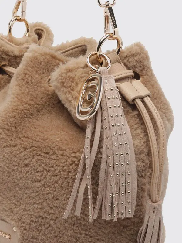 LA CARRIE Faux Fur Shoulder Bag With Drawstring Closure - Beige