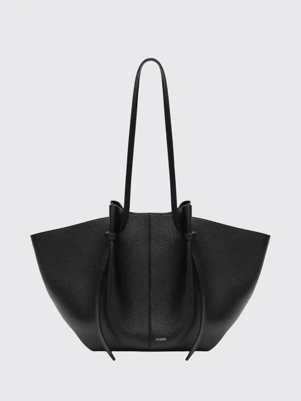 Yuzefi Mochi Hammered Leather Flared Shoulder Bag With Laminated Logo - Black
