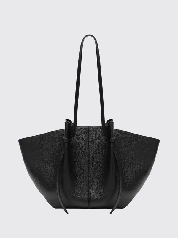Yuzefi Mochi Hammered Leather Flared Shoulder Bag With Laminated Logo - Black