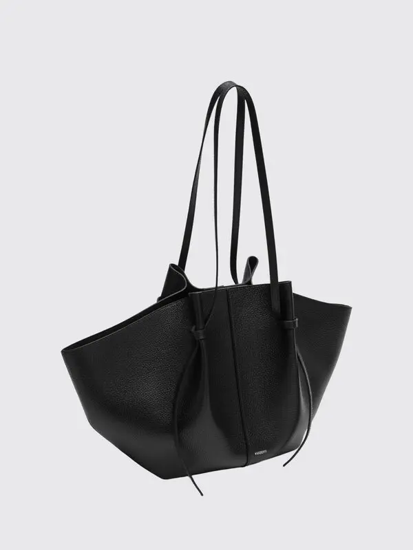 Yuzefi Mochi Hammered Leather Flared Shoulder Bag With Laminated Logo - Black