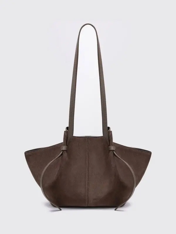 Yuzefi Mochi Suede Flared Shoulder Bag With Embossed Logo - Brown