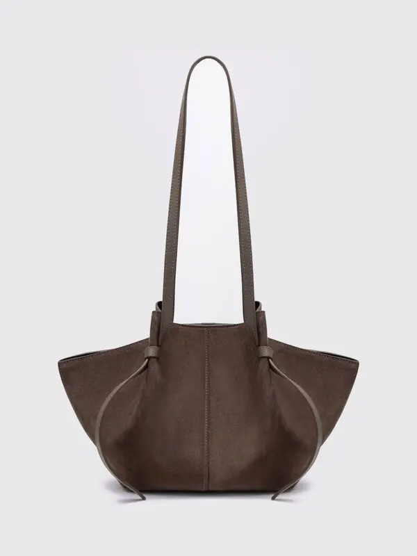 Yuzefi Mochi Suede Flared Shoulder Bag With Embossed Logo - Brown