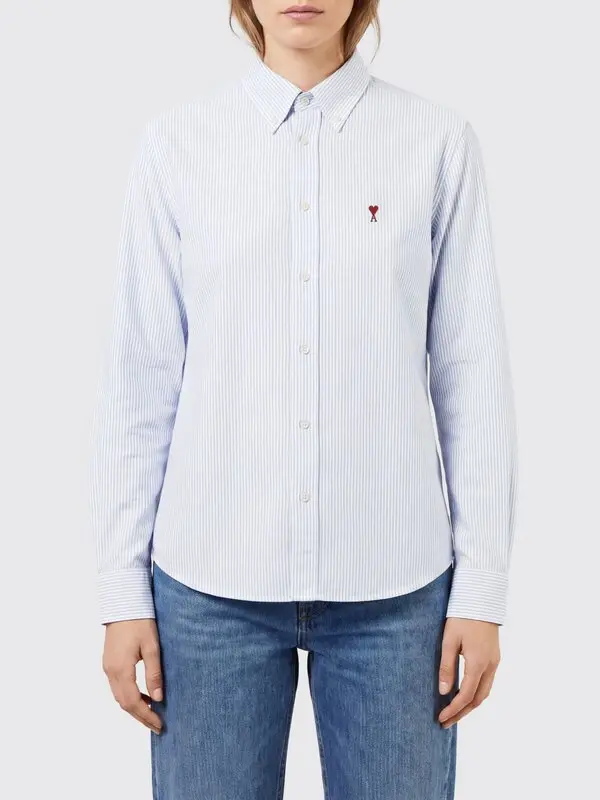 AMI Paris Slim Fit Striped Cotton Shirt With Button-down Collar And Logo