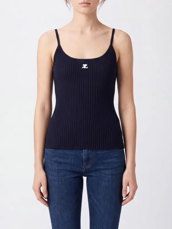 COURREGES Ribbed Jersey Slim Fit Top With Contrasting Embroidered Logo - Blue