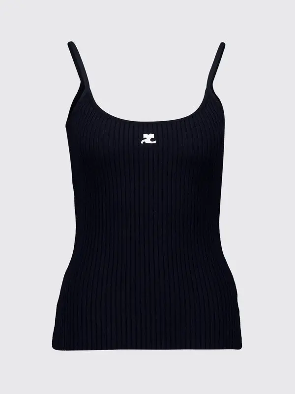 COURREGES Ribbed Jersey Slim Fit Top With Contrasting Embroidered Logo - Blue