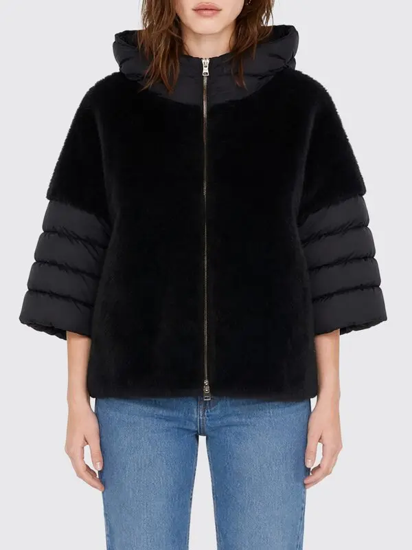 Herno Short Quilted Satin Coat With Faux Fur Hood