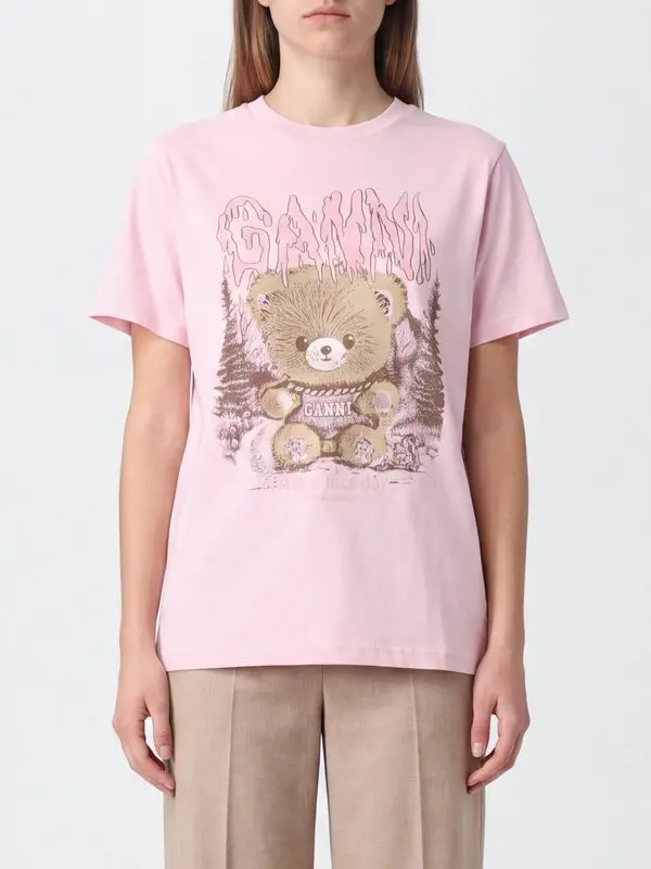 GANNI Cotton T-shirt With Teddy Bear Print And Contrast Logo
