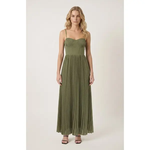 MODENAIRE Pleated Bustier Maxi Dress With Adjustable Straps And Smocked Back - Green