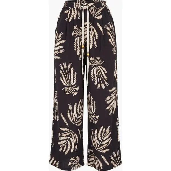 MODENAIRE Botanical Print Wide Leg Pants With Drawstring Waist And Side Pockets