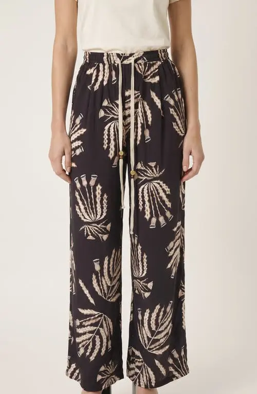 MODENAIRE Botanical Print Wide Leg Pants With Drawstring Waist And Side Pockets