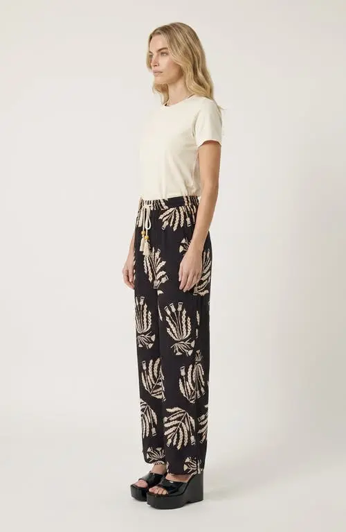 MODENAIRE Botanical Print Wide Leg Pants With Drawstring Waist And Side Pockets