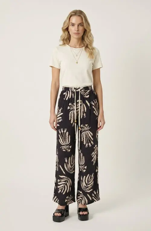 MODENAIRE Botanical Print Wide Leg Pants With Drawstring Waist And Side Pockets