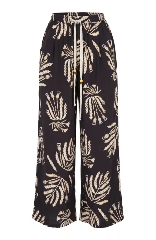 MODENAIRE Botanical Print Wide Leg Pants With Drawstring Waist And Side Pockets
