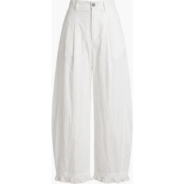 MODENAIRE High Waist Wide Leg Pants With Pleats And Ruffle Trim Hems - White