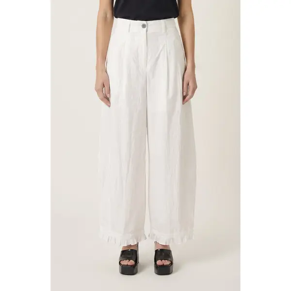 MODENAIRE High Waist Wide Leg Pants With Pleats And Ruffle Trim Hems - White