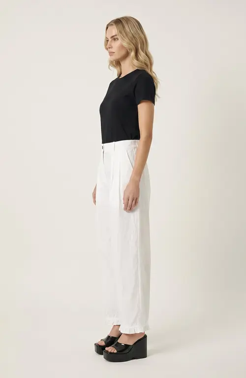 MODENAIRE High Waist Wide Leg Pants With Pleats And Ruffle Trim Hems