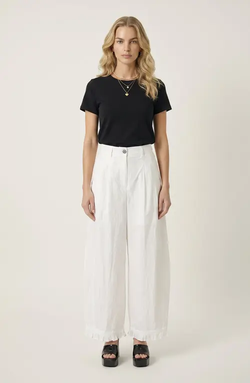 MODENAIRE High Waist Wide Leg Pants With Pleats And Ruffle Trim Hems
