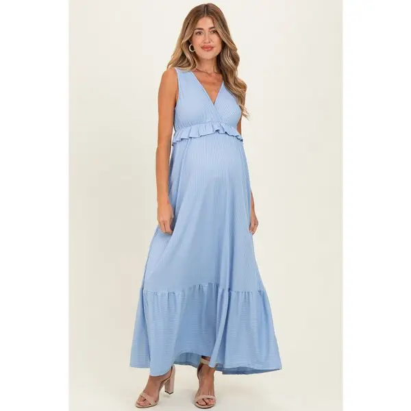 PINKBLUSH Blue Ribbed Sleeveless V-neck Ruffle Tiered Maxi Dress