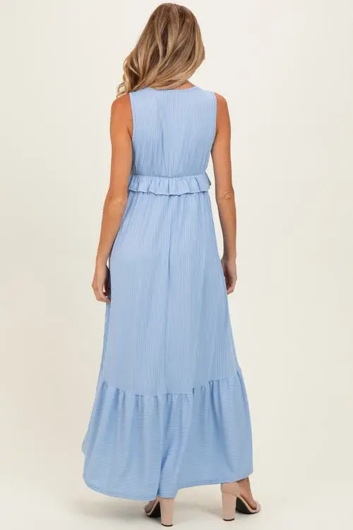 PINKBLUSH Blue Ribbed Sleeveless V-neck Ruffle Tiered Maxi Dress