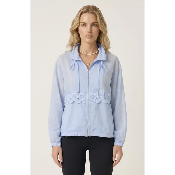 MODENAIRE Lace Inset Zip Front Jacket With Drawstring Collar And Elastic Trim - Blue