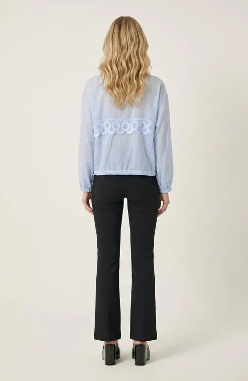 MODENAIRE Lace Inset Zip Front Jacket With Drawstring Collar And Elastic Trim