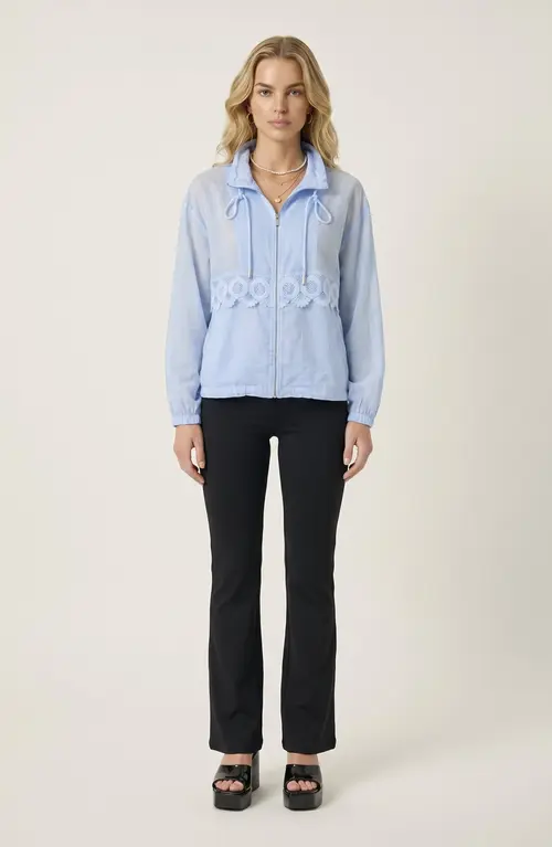MODENAIRE Lace Inset Zip Front Jacket With Drawstring Collar And Elastic Trim