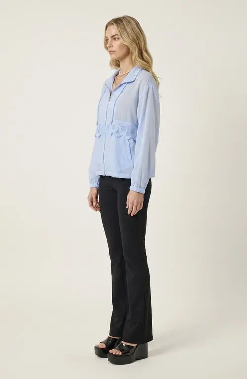MODENAIRE Lace Inset Zip Front Jacket With Drawstring Collar And Elastic Trim