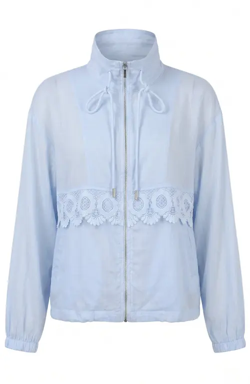 MODENAIRE Lace Inset Zip Front Jacket With Drawstring Collar And Elastic Trim