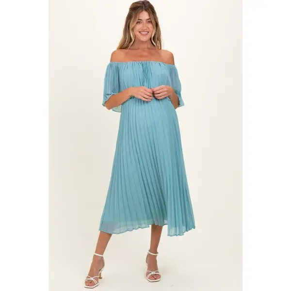 PINKBLUSH Pleated Off Shoulder Flounce Midi Dress