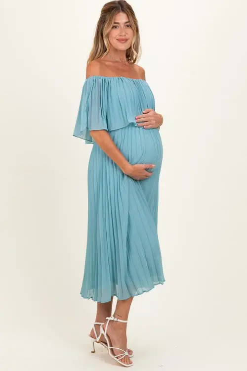 PINKBLUSH Pleated Off Shoulder Flounce Midi Dress
