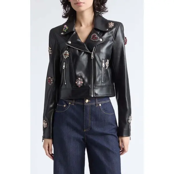 Cinq À Sept Genevieve Baroque Patches Faux Leather Moto Jacket