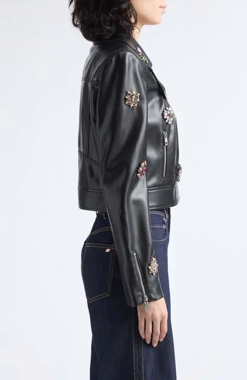 Cinq À Sept Genevieve Baroque Patches Faux Leather Moto Jacket