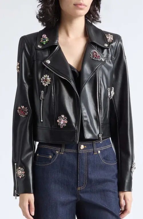 Cinq À Sept Genevieve Baroque Patches Faux Leather Moto Jacket
