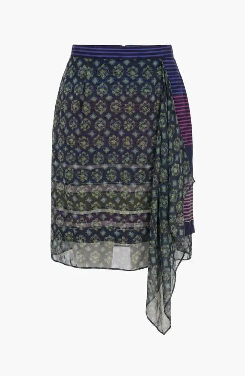 MODENAIRE Geometric Print Chiffon Midi Skirt With Draped Asymmetric Side Panel