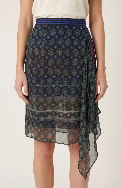 MODENAIRE Geometric Print Chiffon Midi Skirt With Draped Asymmetric Side Panel