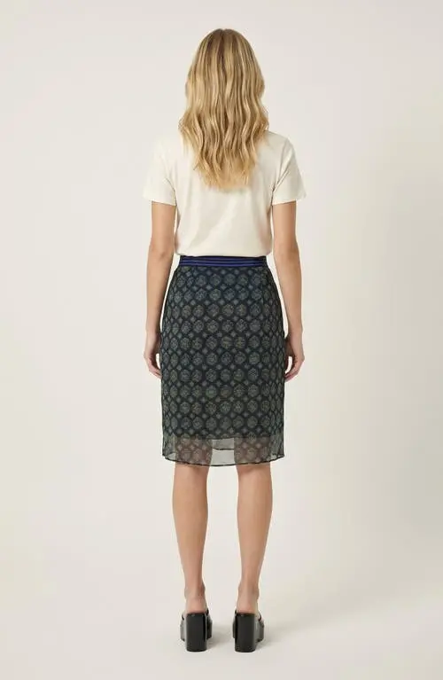 MODENAIRE Geometric Print Chiffon Midi Skirt With Draped Asymmetric Side Panel