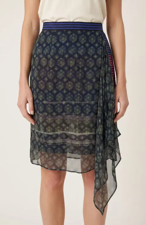 MODENAIRE Geometric Print Chiffon Midi Skirt With Draped Asymmetric Side Panel - Green