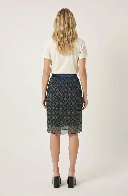 MODENAIRE Geometric Print Chiffon Midi Skirt With Draped Asymmetric Side Panel