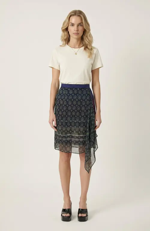 MODENAIRE Geometric Print Chiffon Midi Skirt With Draped Asymmetric Side Panel
