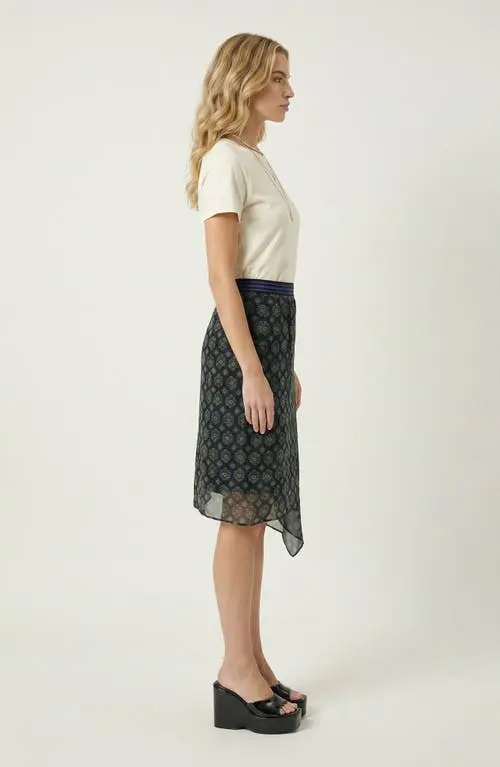 MODENAIRE Geometric Print Chiffon Midi Skirt With Draped Asymmetric Side Panel