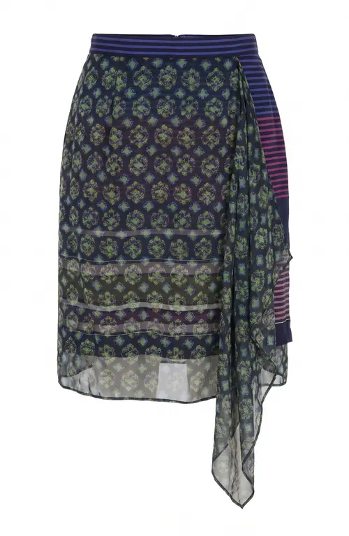 MODENAIRE Geometric Print Chiffon Midi Skirt With Draped Asymmetric Side Panel