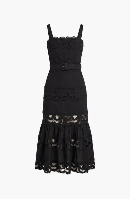 MODENAIRE Belted Lace Inset Midi Dress With Square Neck And Tie Skirt - Black