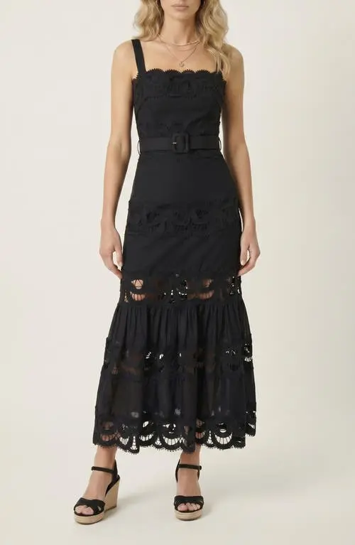 MODENAIRE Belted Lace Inset Midi Dress With Square Neck And Tie Skirt - Black