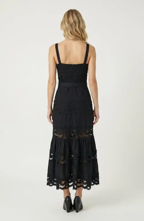 MODENAIRE Belted Lace Inset Midi Dress With Square Neck And Tie Skirt - Black