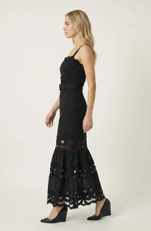 MODENAIRE Belted Lace Inset Midi Dress With Square Neck And Tie Skirt - Black